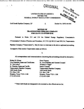 Motion of Transwestern Pipeline Co for leave to intervene re Gulf Sout – Rextag Corporation